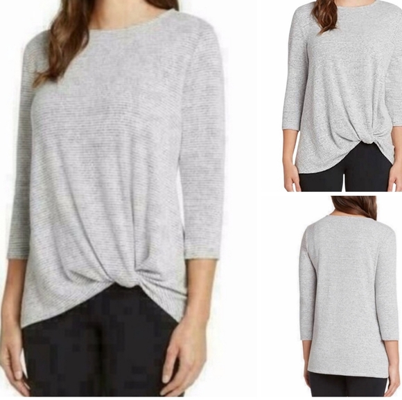 Matty M | Tops | Matty M Gray White Striped Knot Hem 34 Sleeve Top Size ...